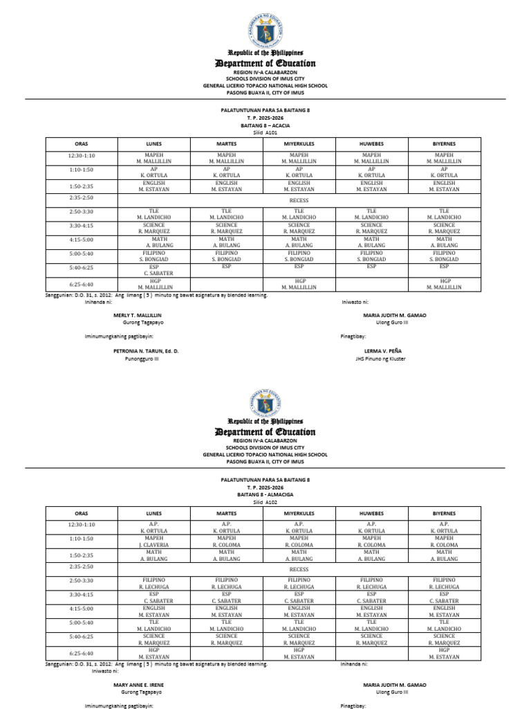 g8 Class Program Sy 2025 2026 Das of Juine 14 | PDF | Government | Asia