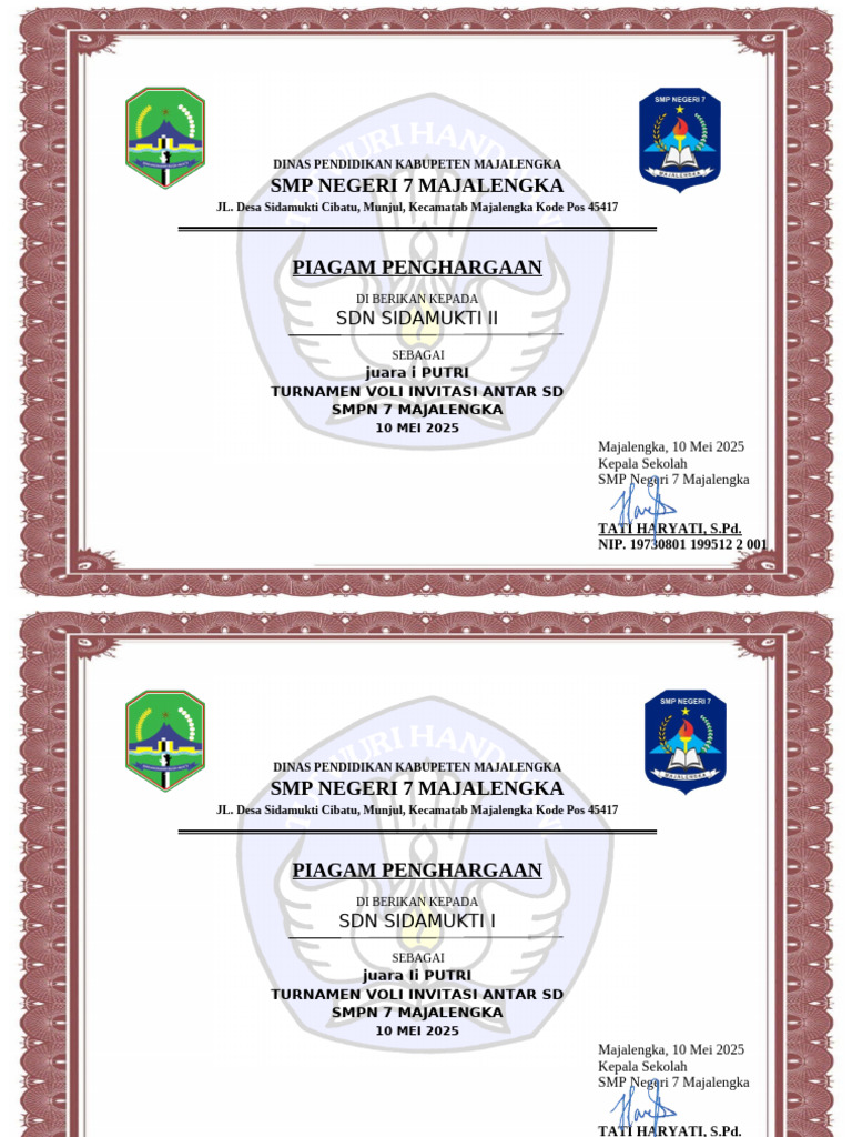 Piagam Juara Turnamen Voli SD | PDF
