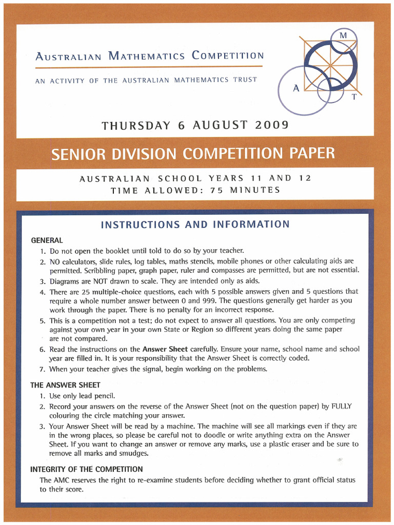 2009 Australian Mathematics Competition AMC Senior Years 11 and 12 | PDF