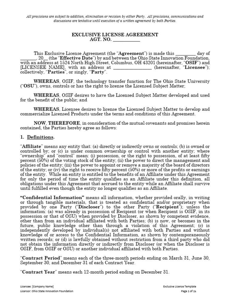 Exclusive License Agreement Template | PDF | License | Patent