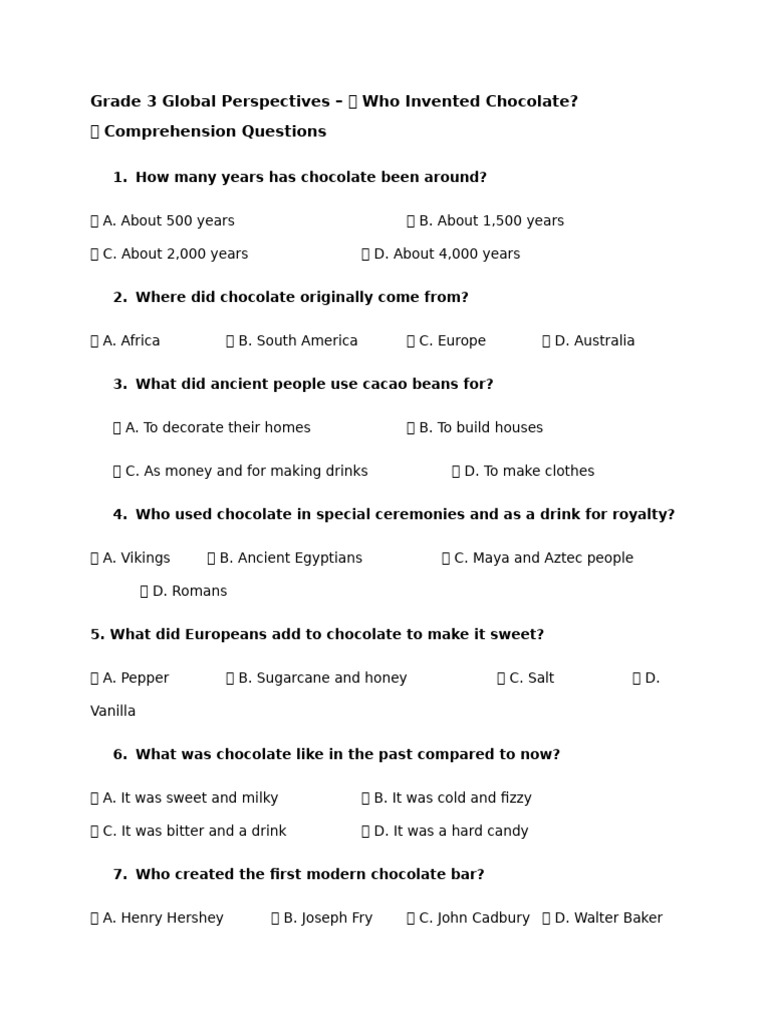 Chocolate Comprehension Questions | PDF