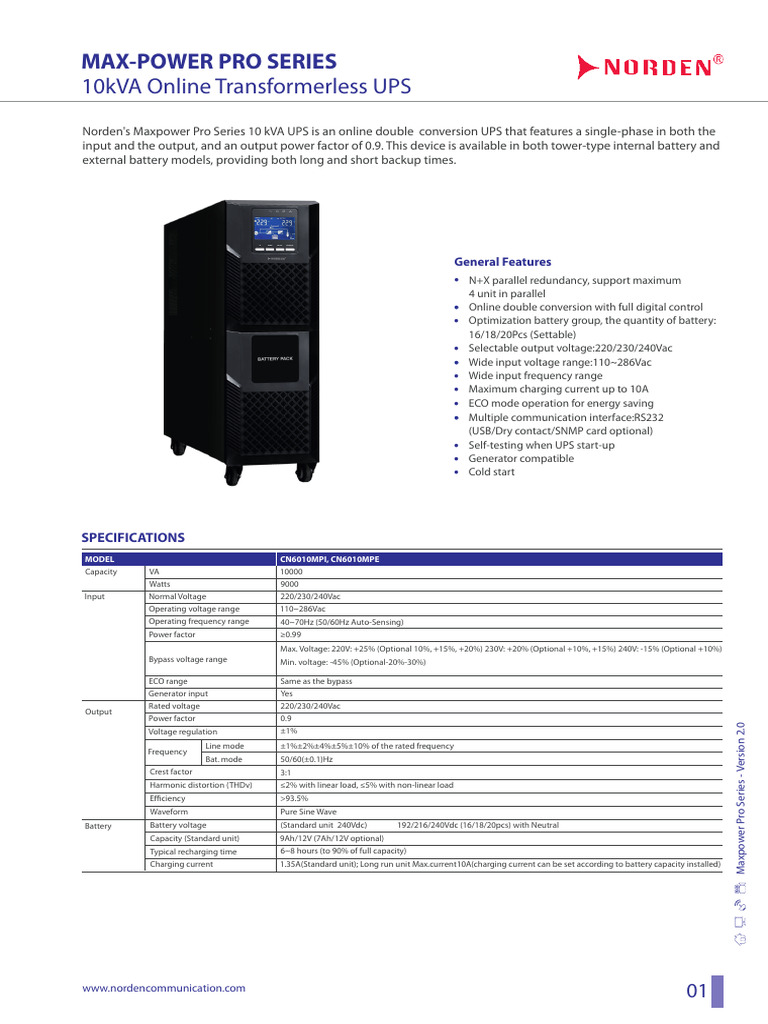 10kVA UPS Datasheet (Transformerless) | PDF | Electrical Engineering | Electricity