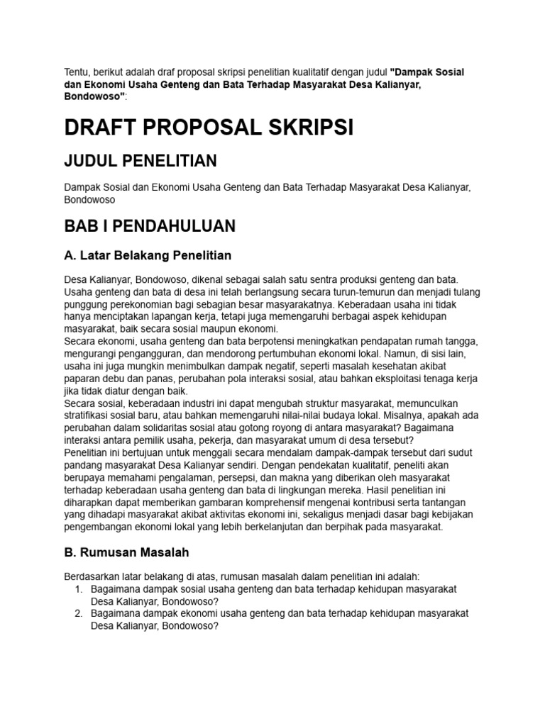 Buatlah Draf Proposal Skripsi Penelitian Kualitati... | PDF