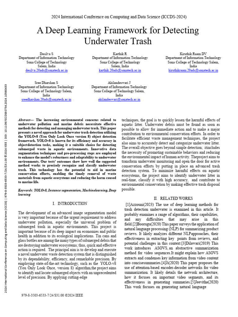 A Deep Learning Framework for Detecting Underwater Trash | PDF | Image Segmentation | Deep Learning