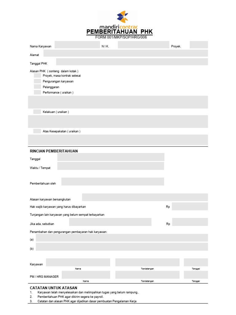 Form Pemberitahuan PHK | PDF