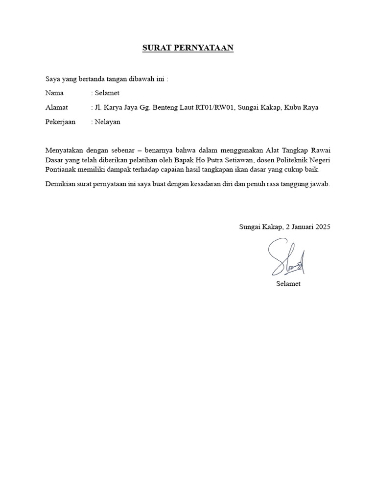 Surat Pernyataan Pak Ho | PDF