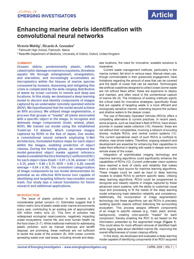Wahlig and Gonzales 2024 Enhancing Marine Debris | PDF | Image Segmentation | Deep Learning