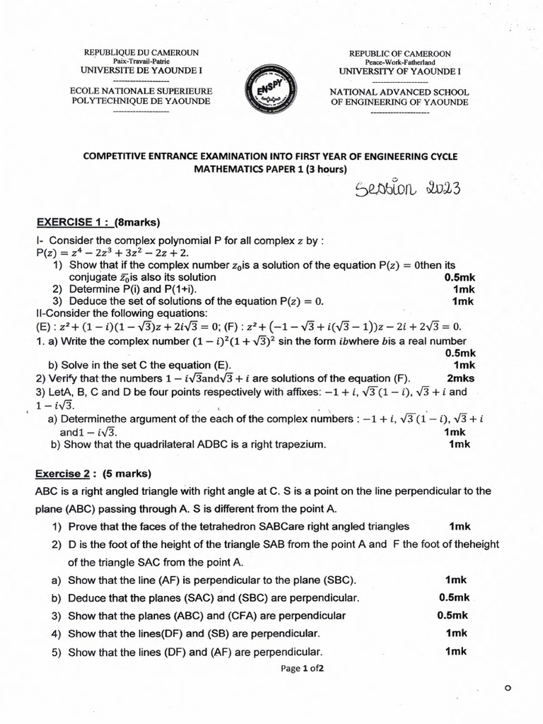Competitive Exam Math Paper - Cameroon | PDF | Perpendicular | Triangle