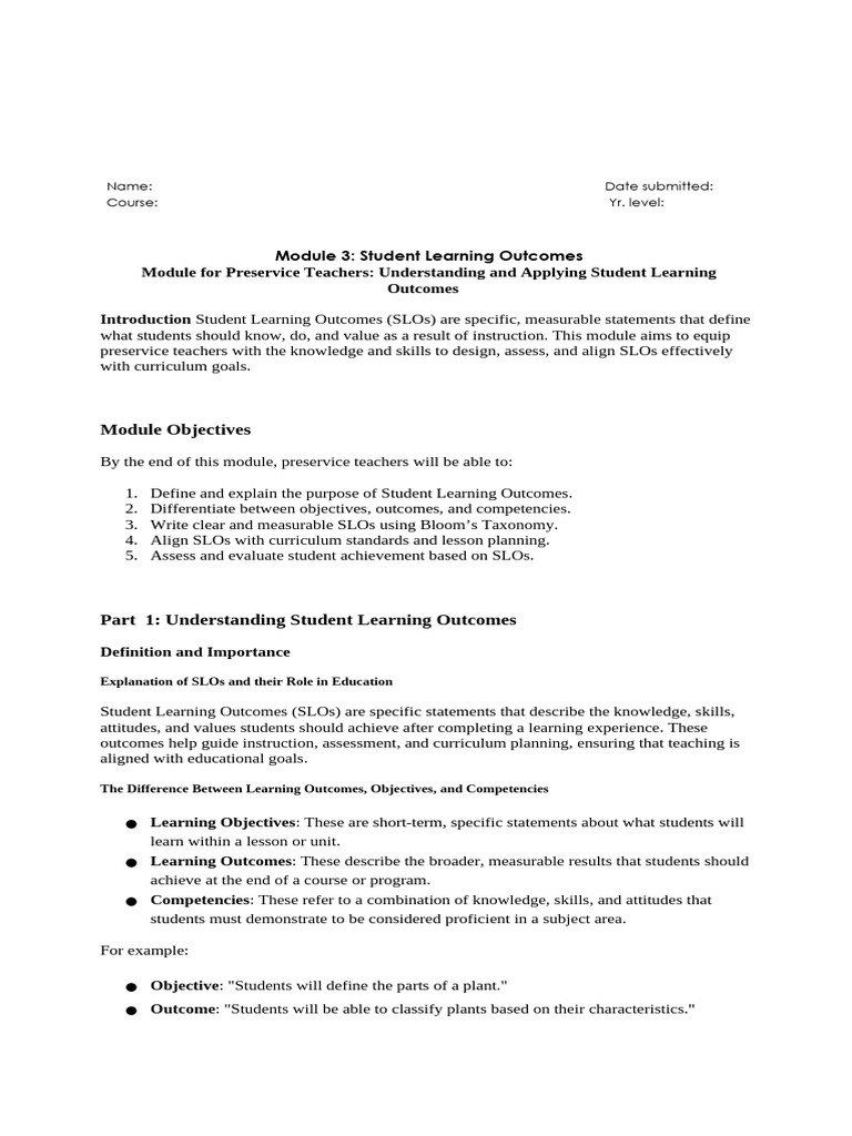 MOdule 3-Student Learning Outcomes | PDF | Educational Assessment | Curriculum