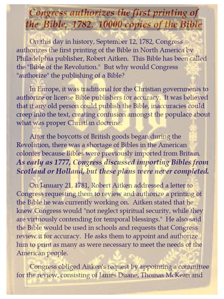 Congress Authorizes The First Printing of The Bible 1782 10000 Copies ...