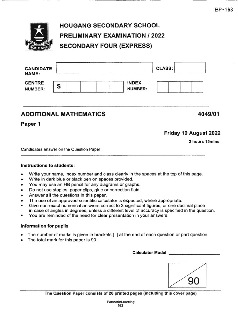 A-Math - Sec 4 - Prelims Exam Paper - 2022 - Hougang Sec SCH | PDF ...