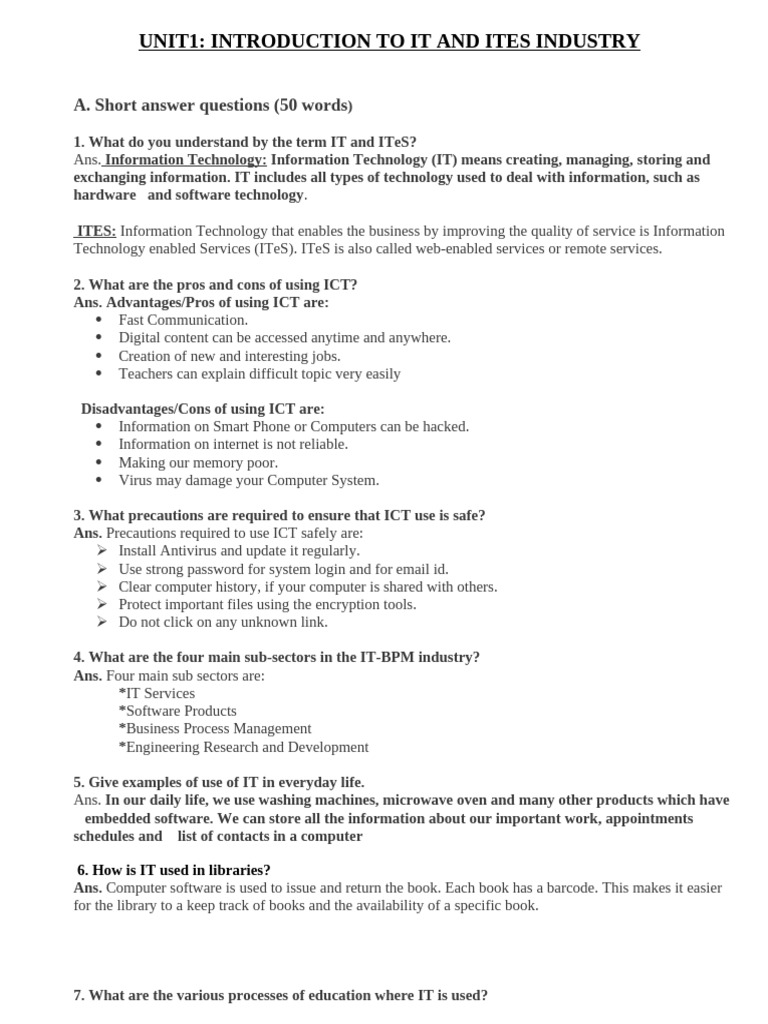 Unit-1 Introduction To It and Ites Industry | PDF | Educational ...
