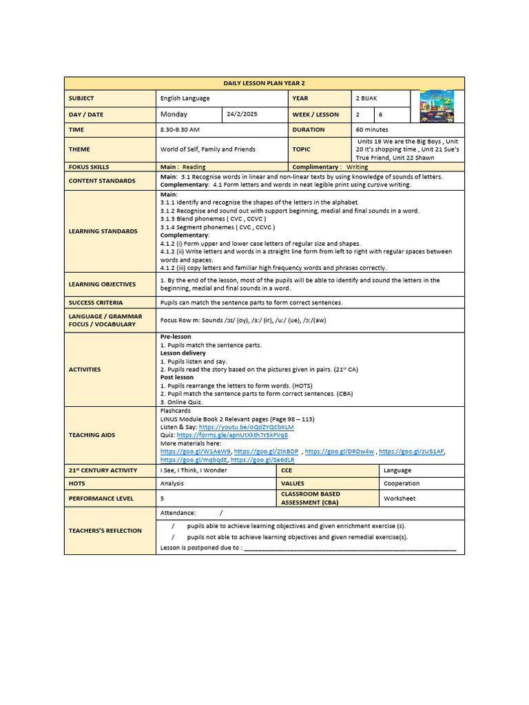 Year 2 English Lesson Plan: Week 2 | PDF | Learning | Human Communication