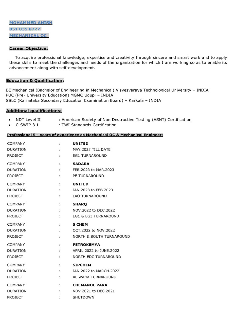 Mech QC Mohammed Anish Mechanical QC CV | PDF