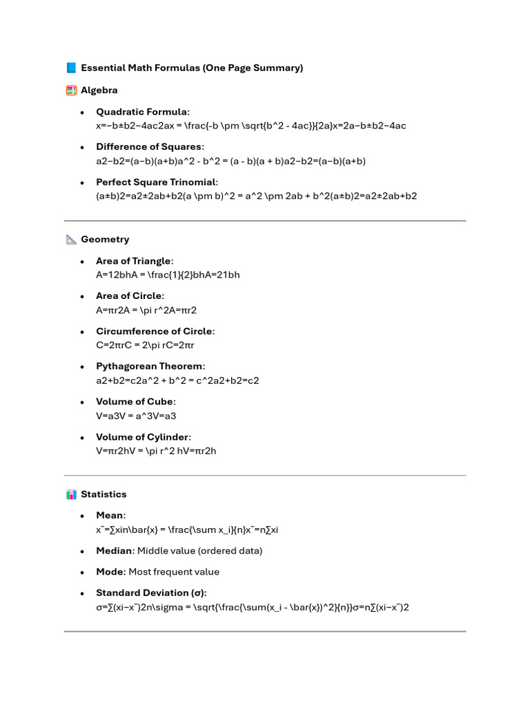 Essential Math Formulas | PDF