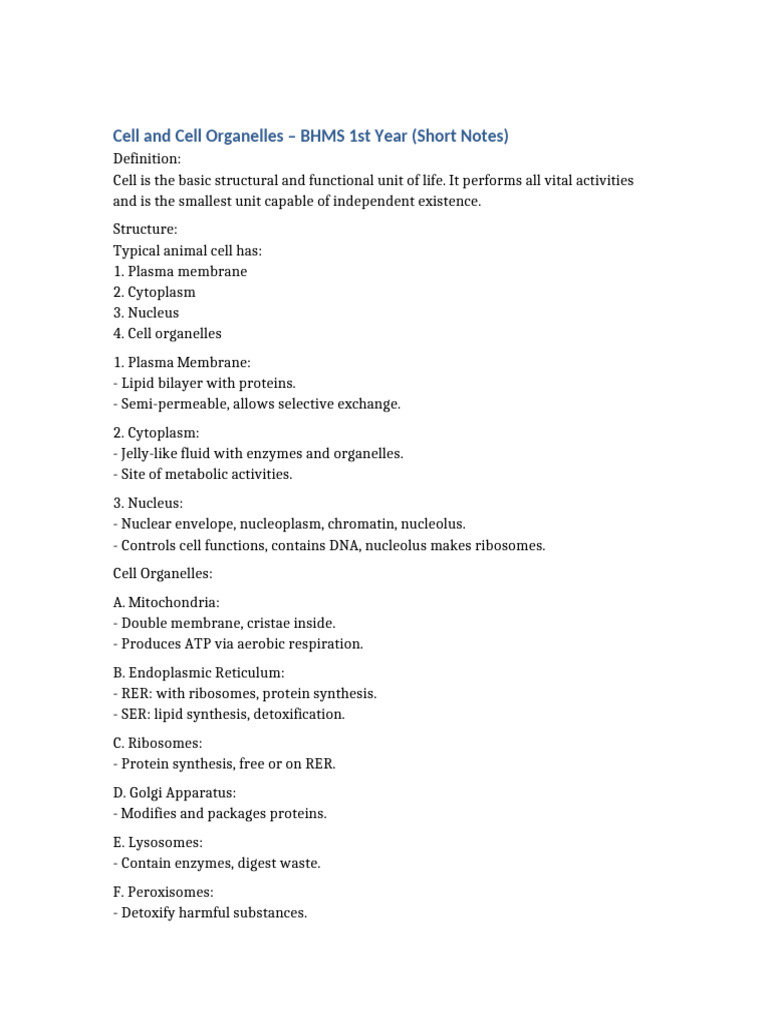 Cell Short Notes BHMS 2page | PDF
