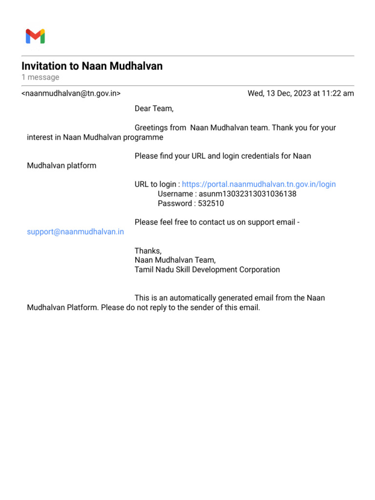 Gmail - Invitation To Naan Mudhalvan | PDF