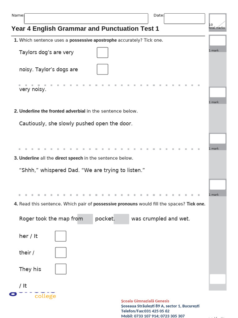 Year 4 Grammar & Punctuation Test 1 | PDF | English Grammar | Linguistics
