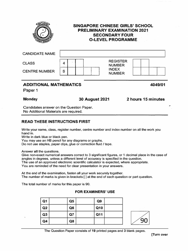 A-Math - Sec 4 Prelims Exam Paper - 2021 - SCGS | PDF