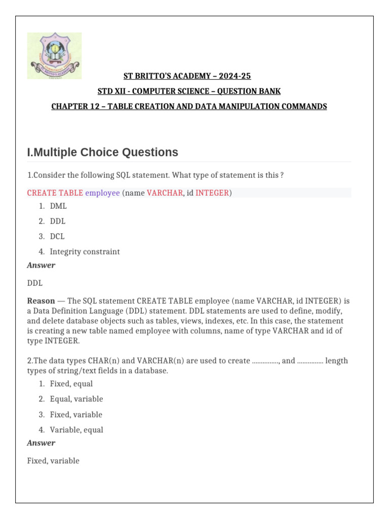 Ch-12 Table Creation and Data Manipulation Commands | PDF | Relational Database | Computing