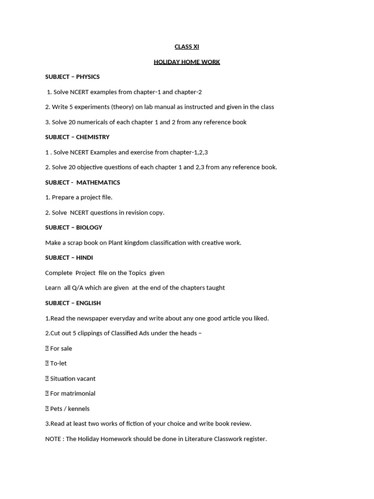Class Xi Holiday Homework | PDF | Books