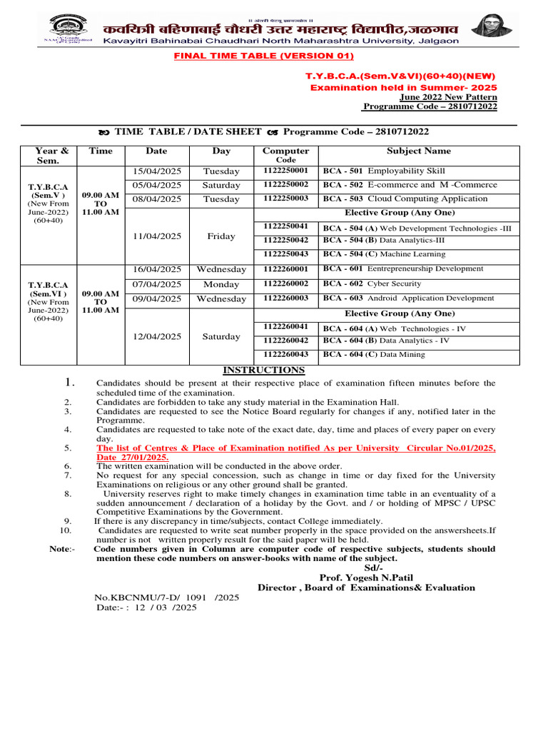 Final Time Table (Version 01) of TYBCA - Sem - V, VI - (June 2022) Pattern EXAM To Be Held in ...