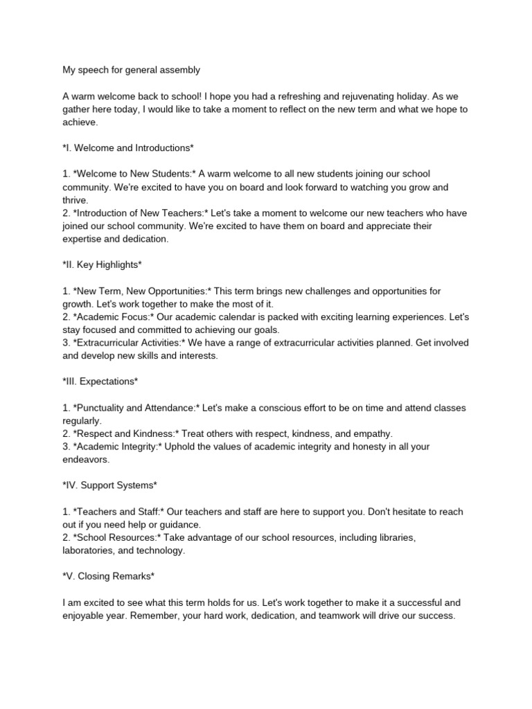 My Speech For General Assembly | PDF
