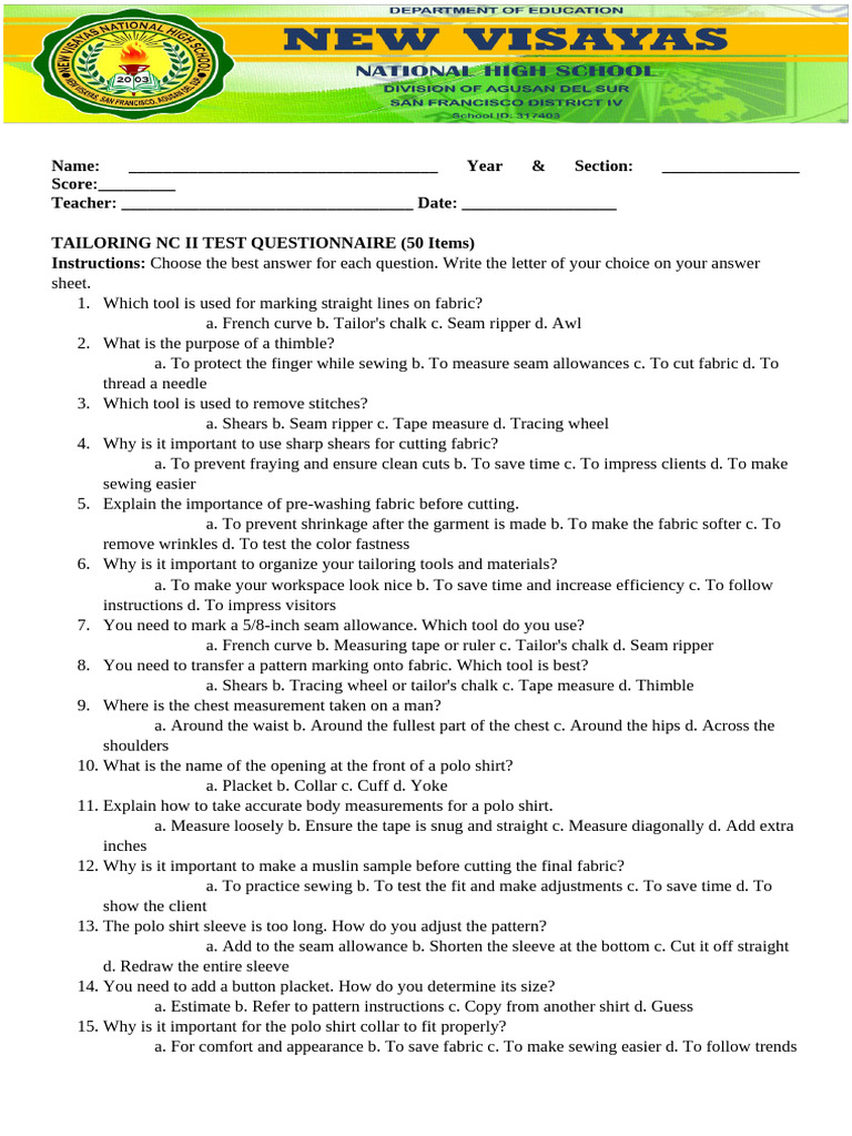 Tailoring NC II Test Questionnaire | PDF | Seam (Sewing) | Blouse