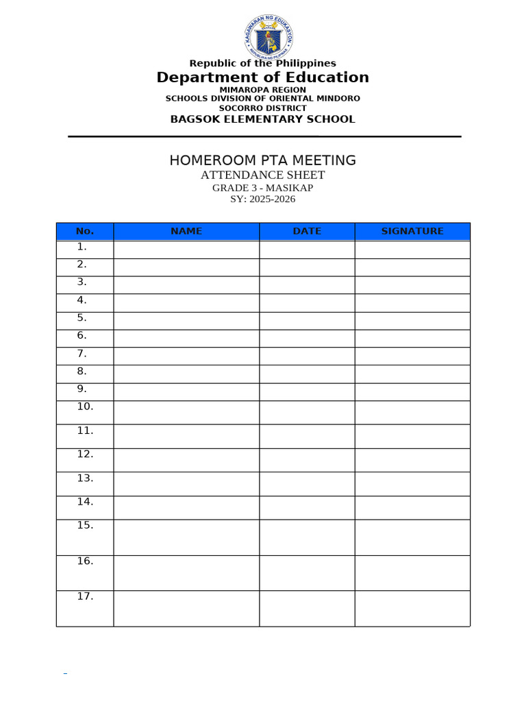 Grade 3 PTA Meeting Attendance Sheet | PDF