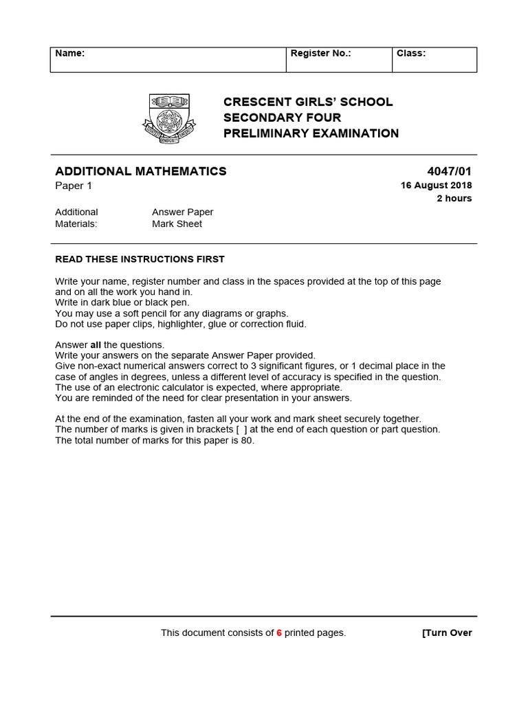 A-Math Sec 4 Sa2 2018 Crescent Girls | PDF | Numbers | Equations