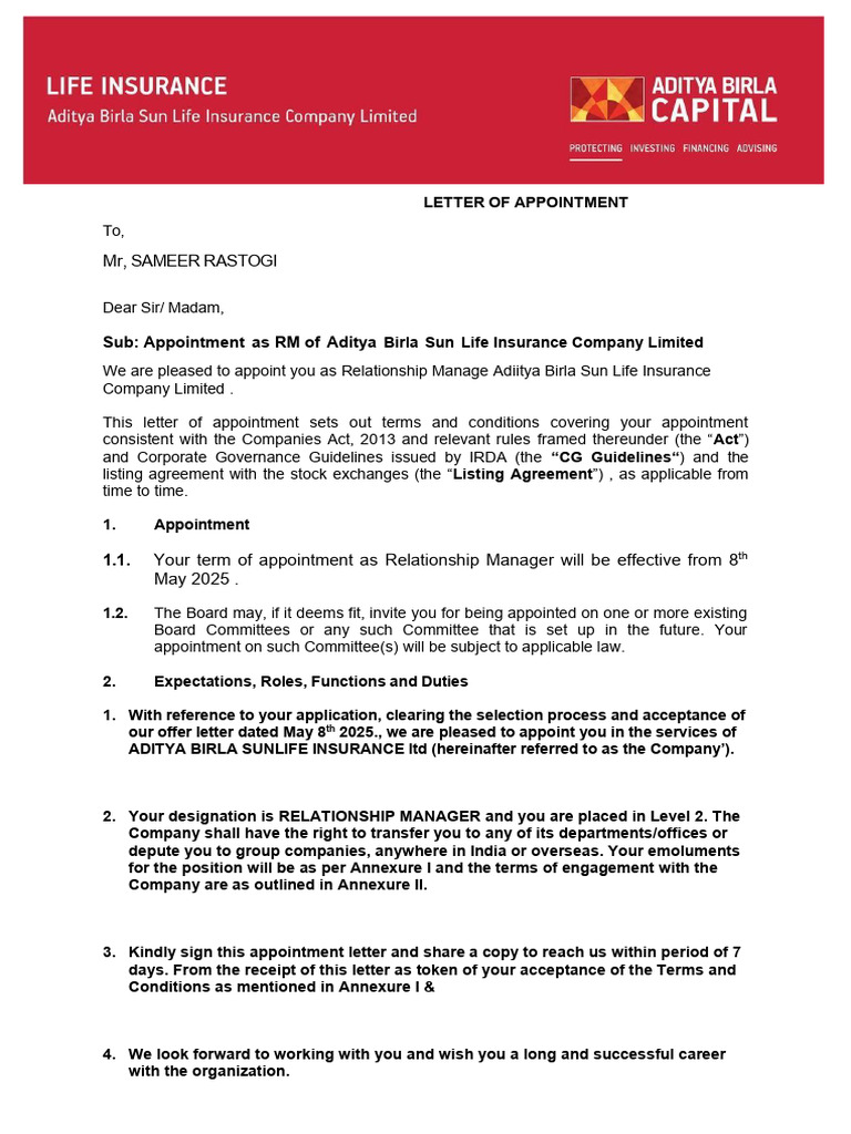 Appointment Letter for RM at Aditya Birla | PDF