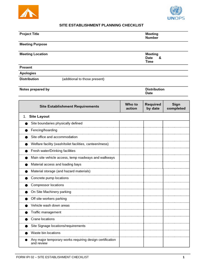 FORM IPI 02 - Site Establishment Checklist | PDF