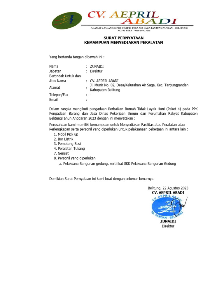 Surat Pernyataan Kesanggupan Menyediakan Peralatan | PDF
