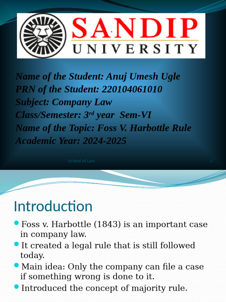 Foss v. Harbottle Rule Explained | PDF