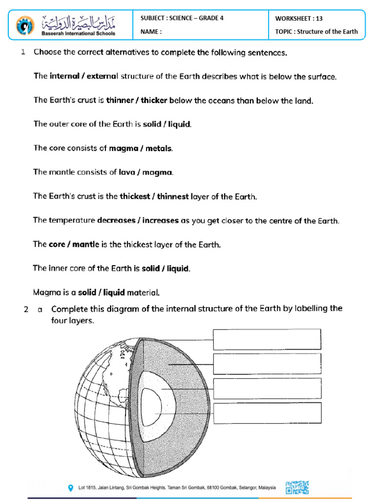 Subject: Science Grade 4 Name: Worksheet: 13 TOPIC: Structure of The ...