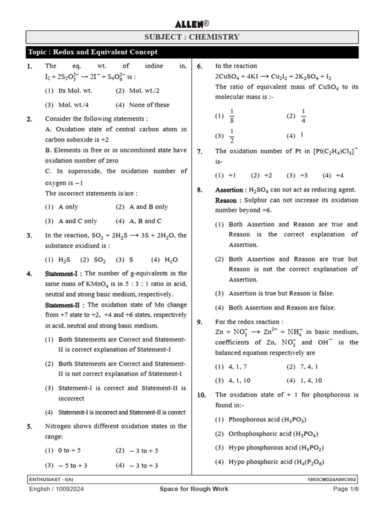 1009 - Redox and Equivalent Reaction - Revision Sheet-02 | PDF | Redox | Molecules