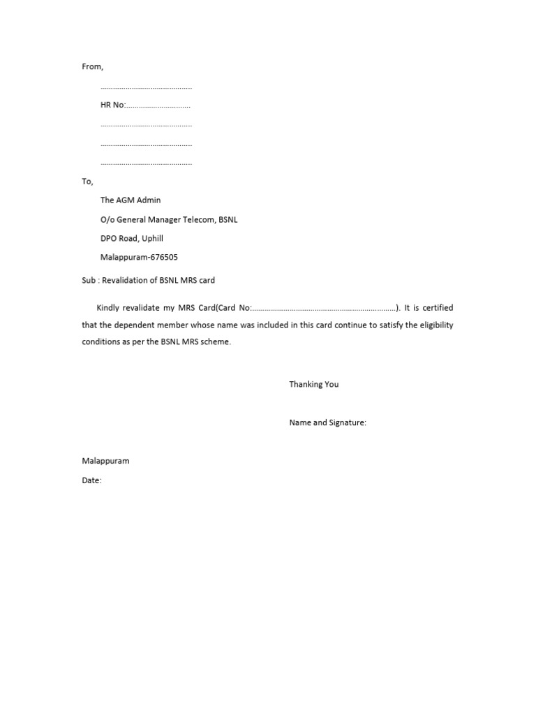 BSNL MRS Card Revalidation Request | PDF