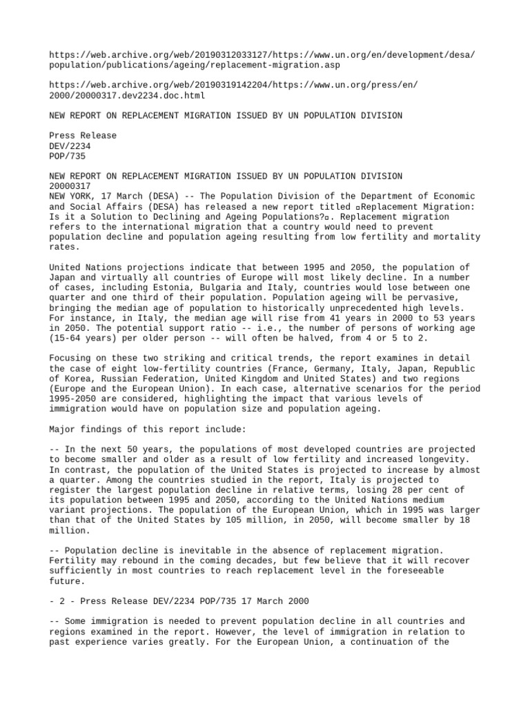 UN Replacement Migration | PDF | Migrant Worker | Immigration