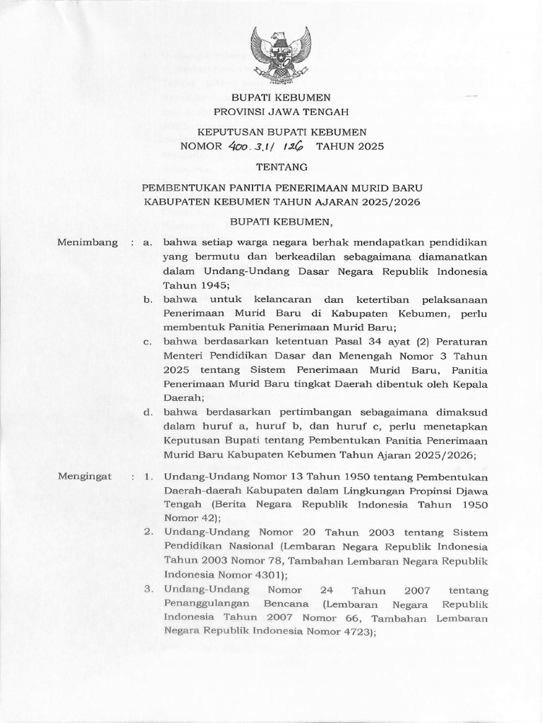 SK Bupati Pembentukan Panitia SPMB Kab - Kebumen Ta 2025-2026 | PDF