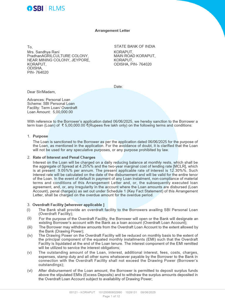Arrangement Letter | PDF | Overdraft | Loans