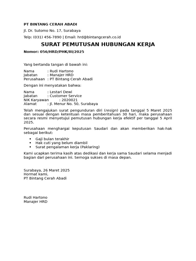 Surat Pemutusan Hubungan Kerja (Resign) | PDF