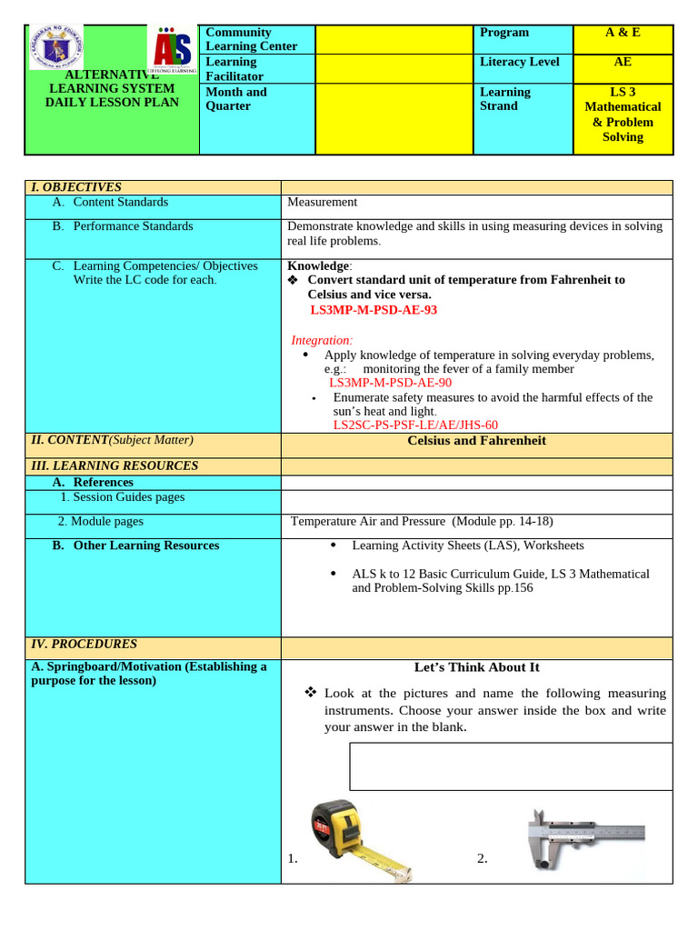 Daily Lesson Plan: Temperature Conversion | PDF | Fahrenheit | Celsius