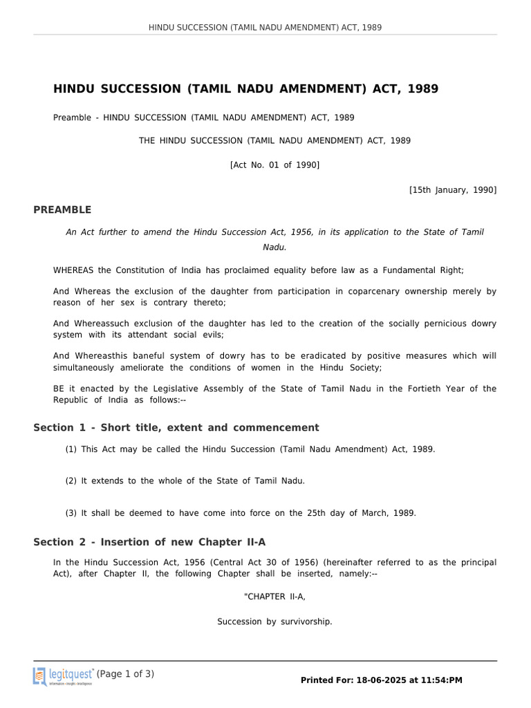Tamil Nadu Hindu Succession Act 1989 | PDF | Intestacy | Property Law