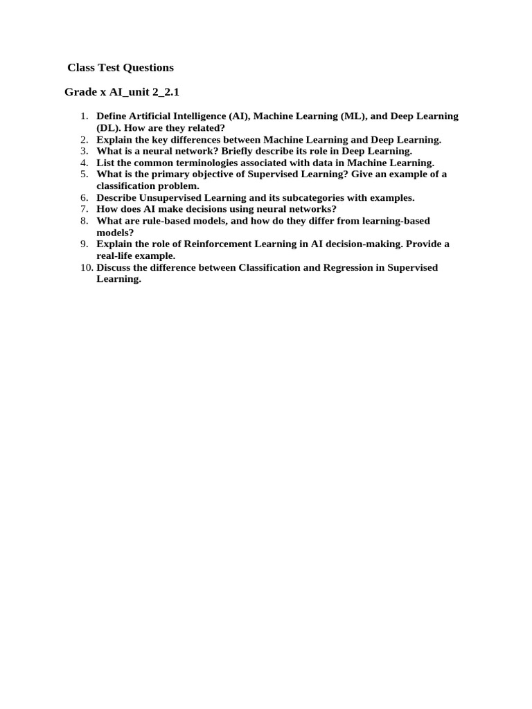 Class Test Questions - Unit2 - 2.1 Grade X | PDF