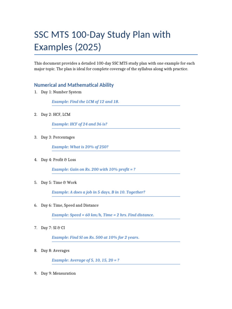 SSC MTS 100 Day Study Plan With Examples | PDF