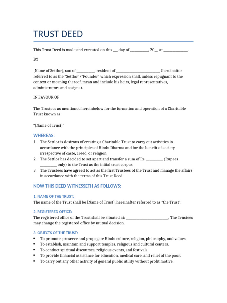Charitable Hindu Trust Deed | PDF | Trustee | Property Law