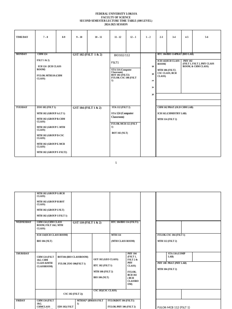 2024-2025 Second Semester Time-Table | PDF