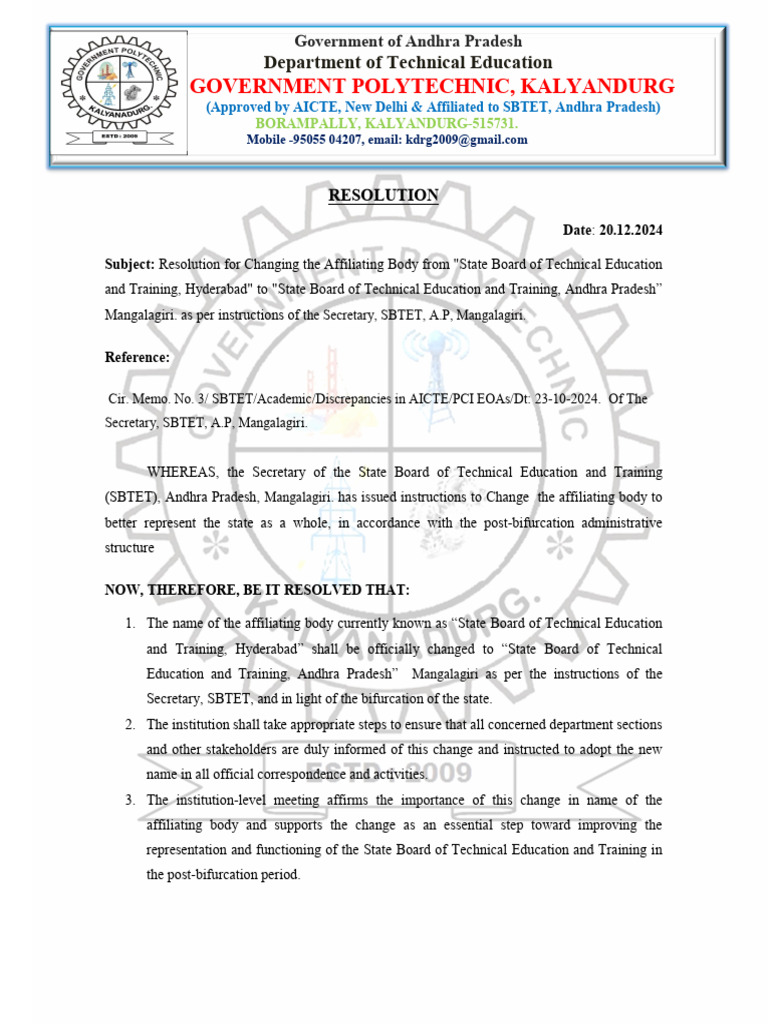 SBTET Name Change Resolution | PDF