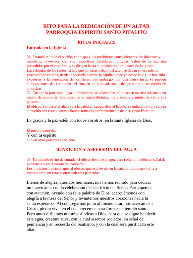 Rito para La Dedicación de Un Altar - Espíritu Santo Pitalito | PDF ...