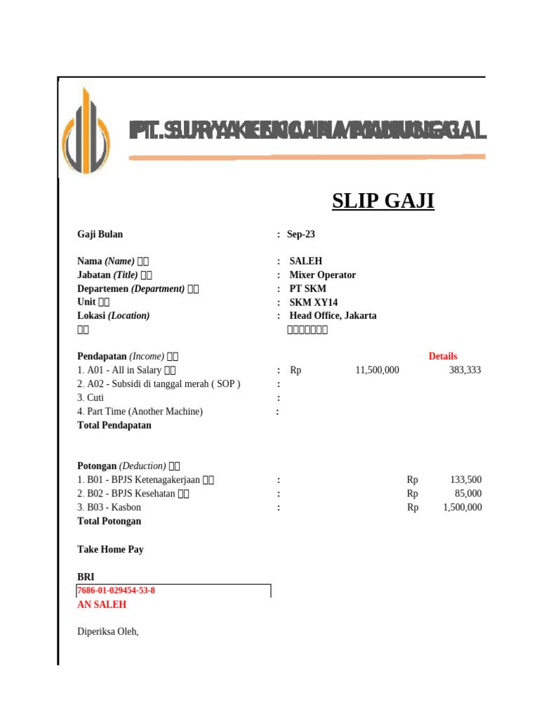 Slip Gaji Saleh Sep 2023 PT SKM | PDF